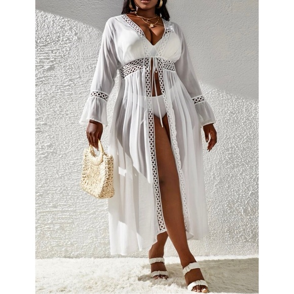 Swim | New White Long Lace Bathing Suit Swimsuit Tie Flowy Maxi Cover Up Plus Xxl | Poshmark